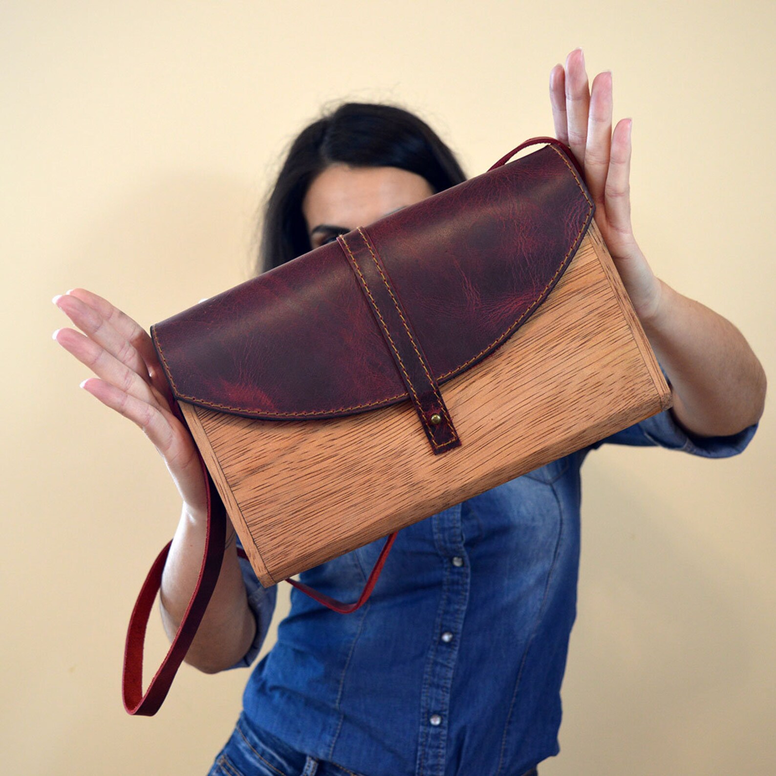 HANDMADE WOODEN Hand Bag Burgundy & Brown Leather Cedar - Etsy