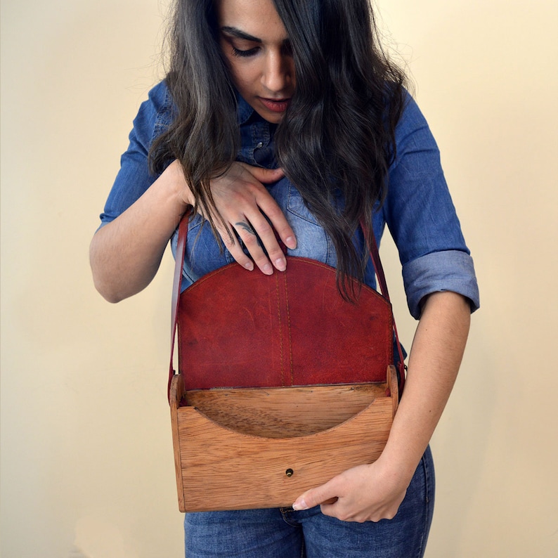 HANDMADE WOODEN Hand Bag Burgundy & Brown Leather Cedar - Etsy