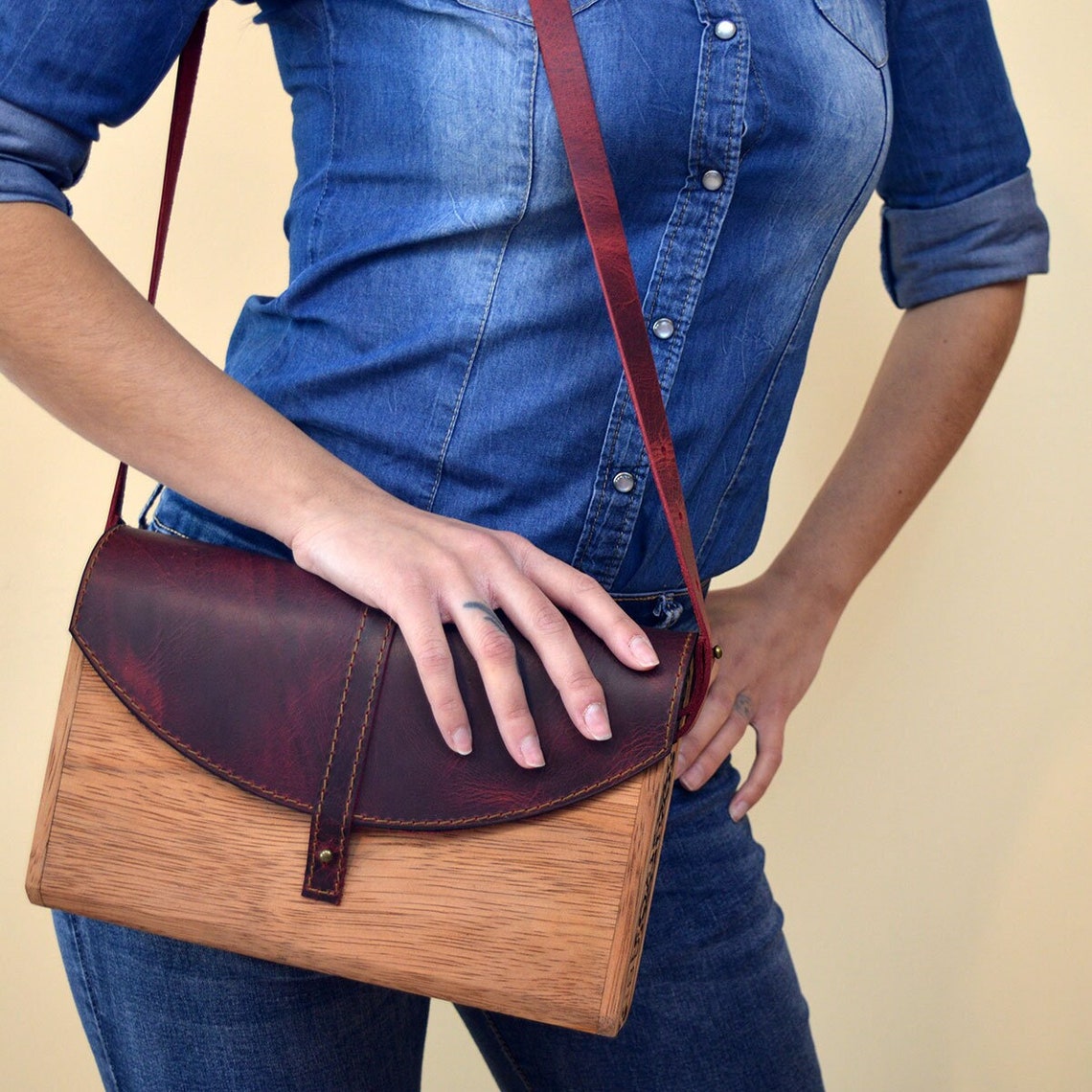 HANDMADE WOODEN Hand Bag Burgundy & Brown Leather Cedar - Etsy