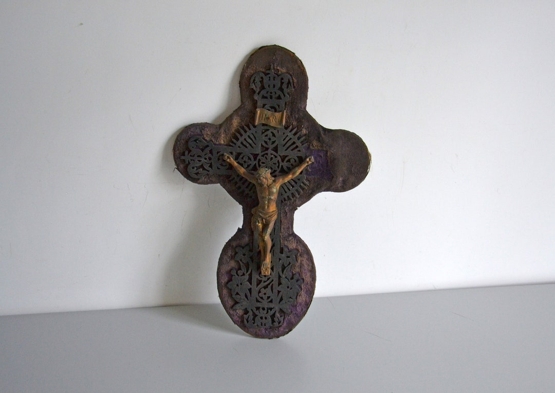 Antique French Velvet Crucifix, Dark Crimson Velvet Purple, Religious ...