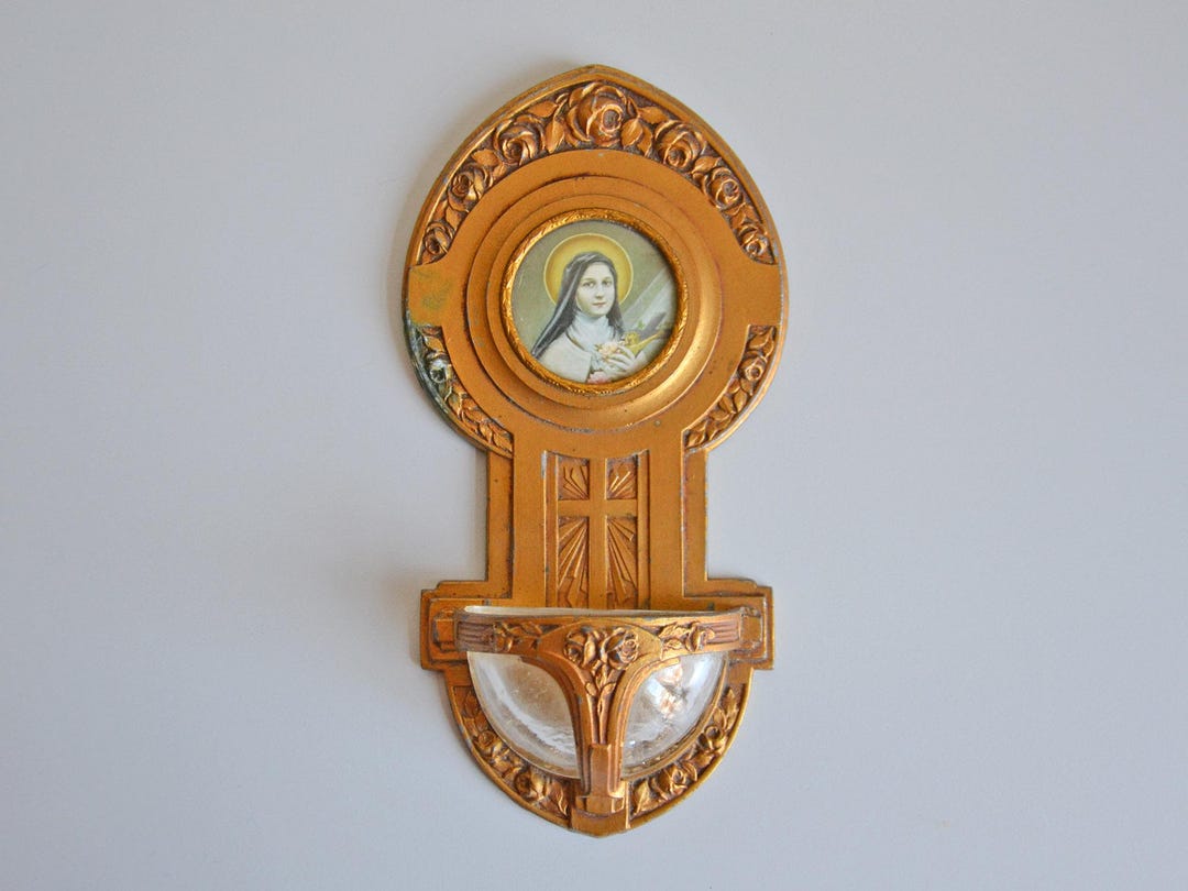 Old Gilded Bronze Wall Stoup, Saint Theresa, 20th Century Religious ...