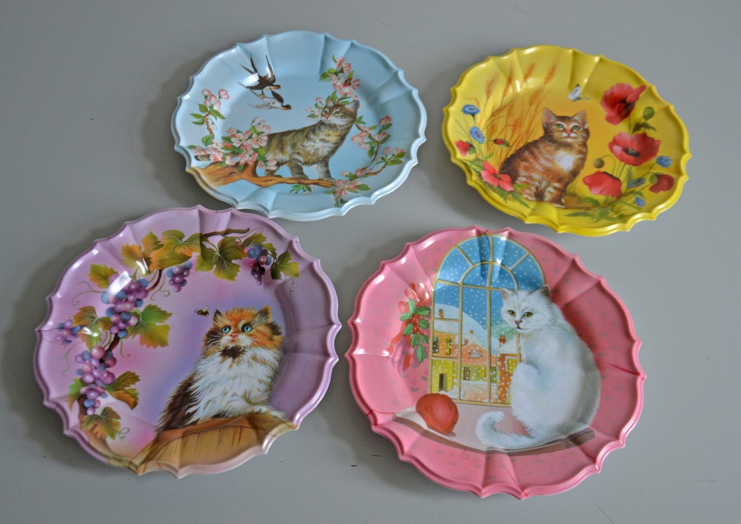 Vintage Cat Plates, Kitsch Plate, Cat Decor, Bird, Flowers - Etsy