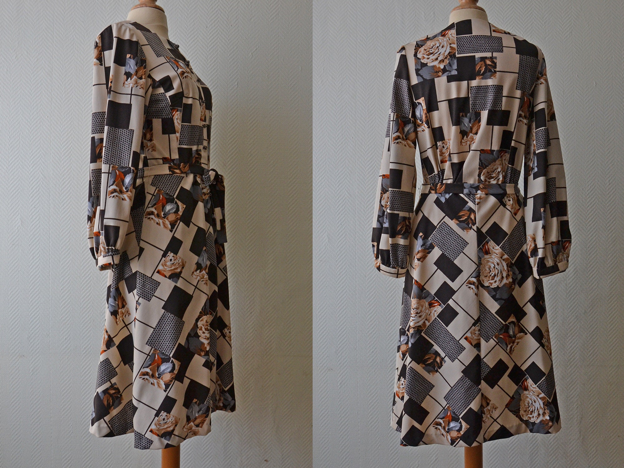 Vintage polyester dress with patchwork pattern / Size 40 / 70s | Etsy