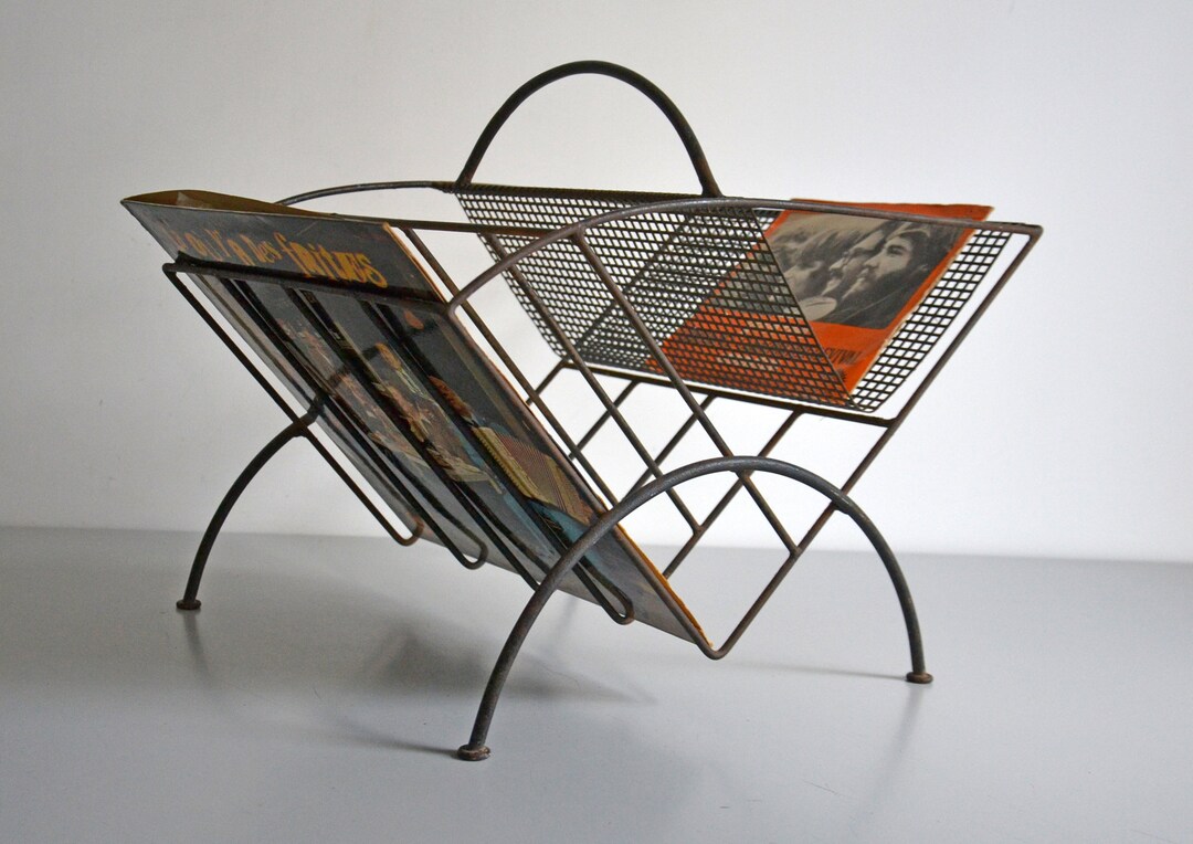 Vintage Magazine Rack in Perforated Sheet Metal, Black Newspaper or ...