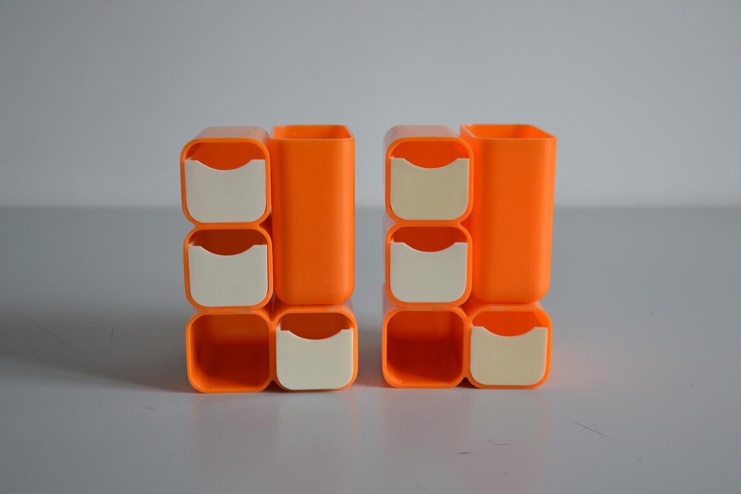 Vintage Atomic Modern Drawer Desk, Set of 2 Orange Organizers Pen ...