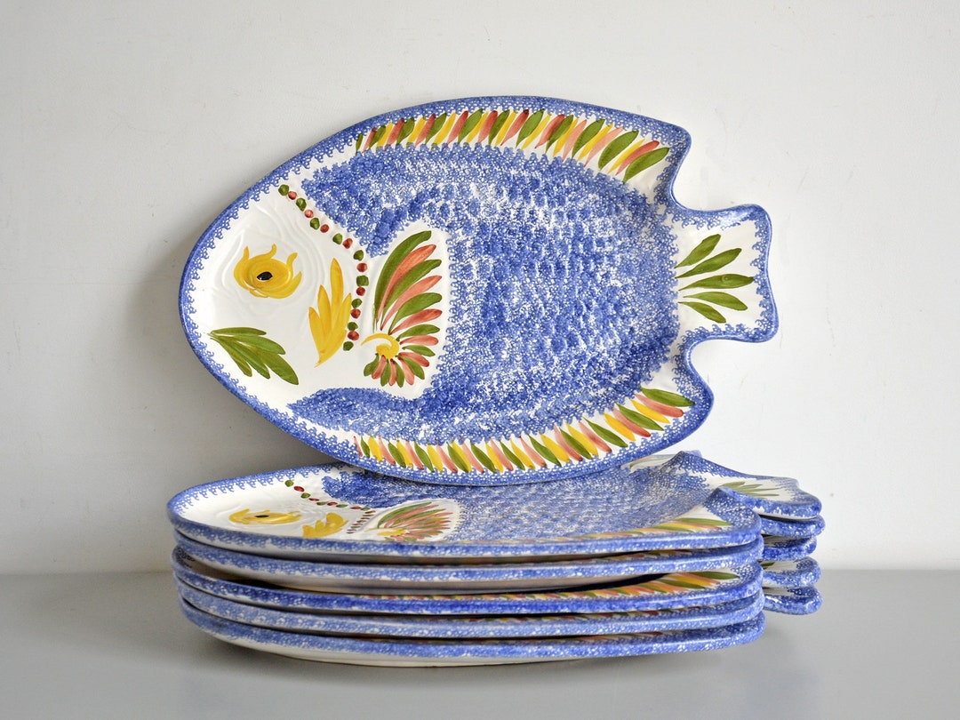 Set of 6 Fish Plates From the 60s, Quimper Earthenware, Painted Ceramic ...