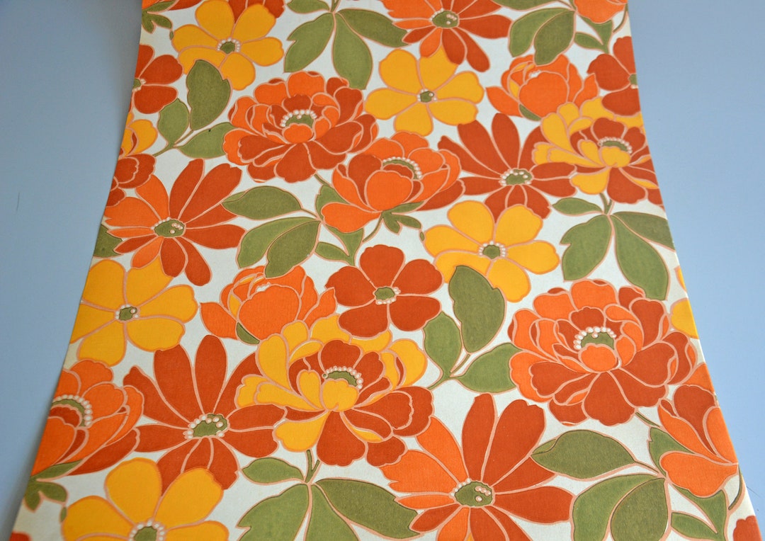 Vintage Wallpaper Roll With Large Pop Orange Flower 70s - Etsy