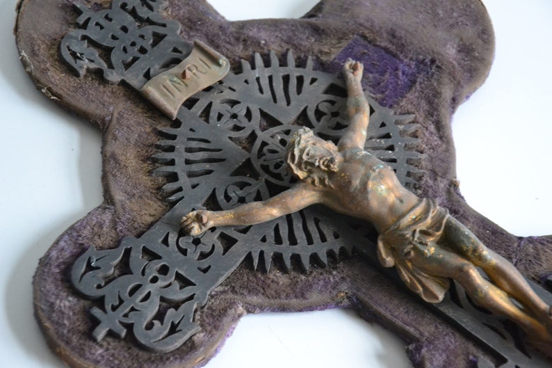 Antique French Velvet Crucifix, Dark Crimson Velvet Purple, Religious ...