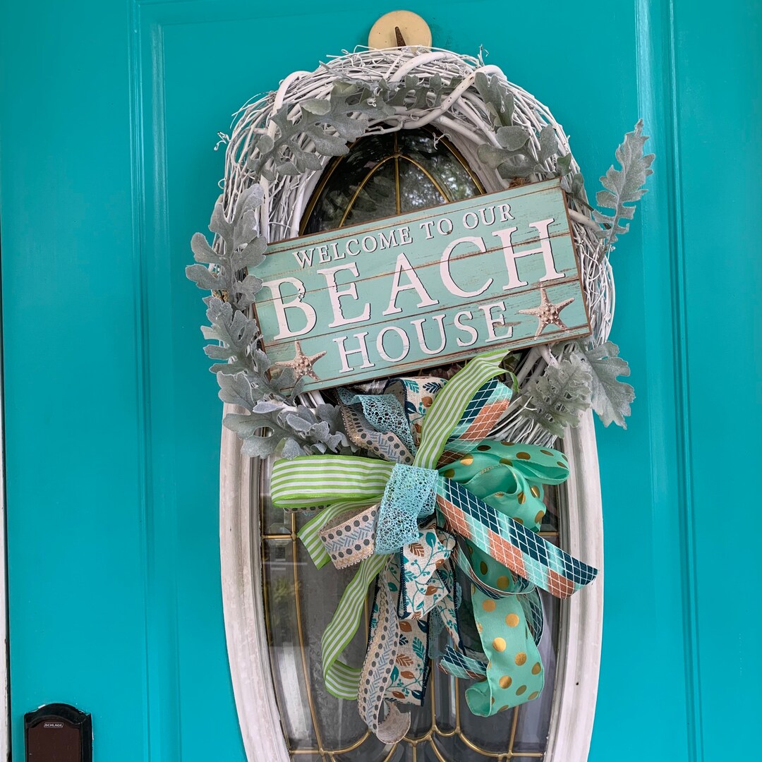 Beach House Wreath, Coastal Door Decor, Nautical Door Hanger, Seashell ...