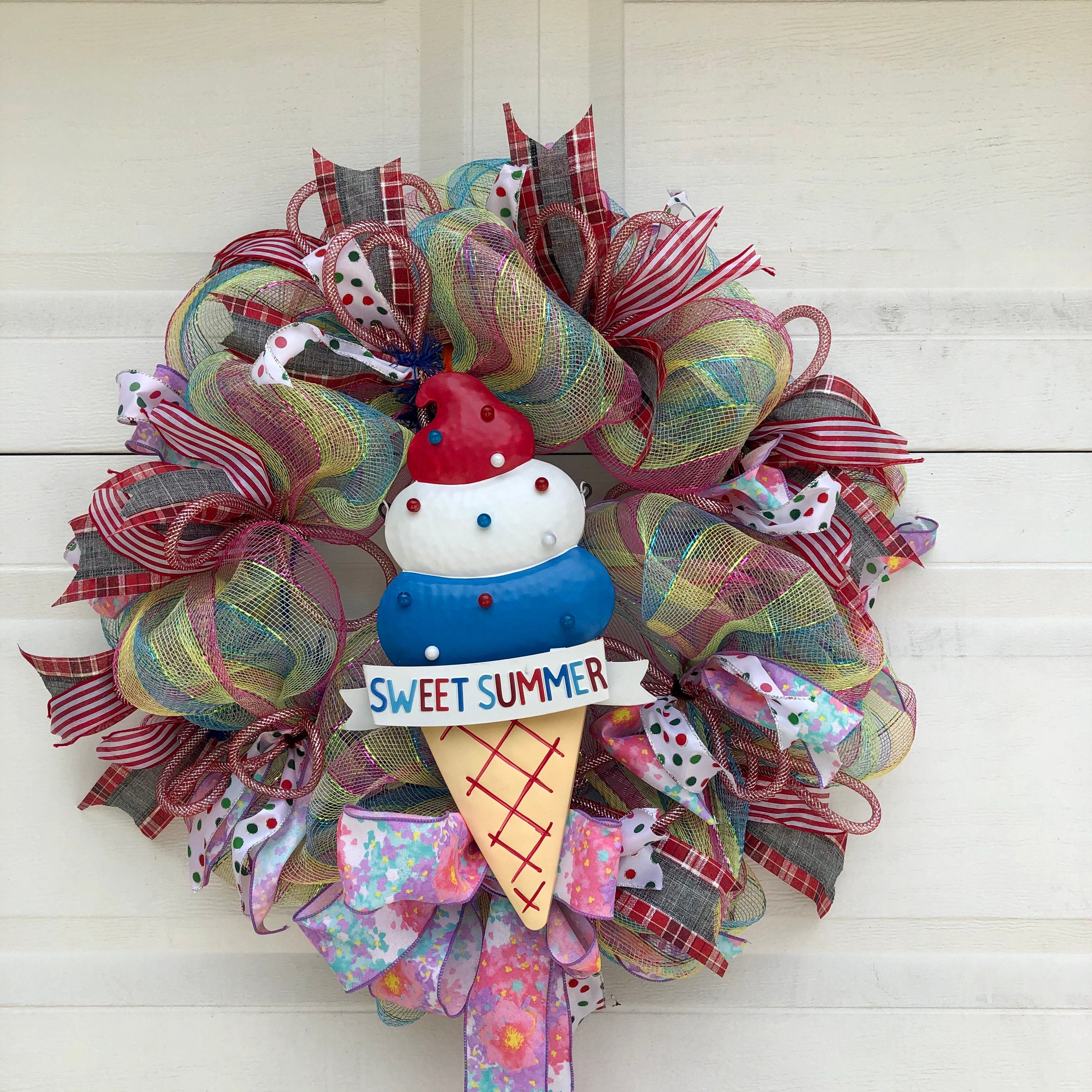 Ice Cream Cone Wreath, Sweet Summer Fun Lighted Sign, Front Door Wreath ...