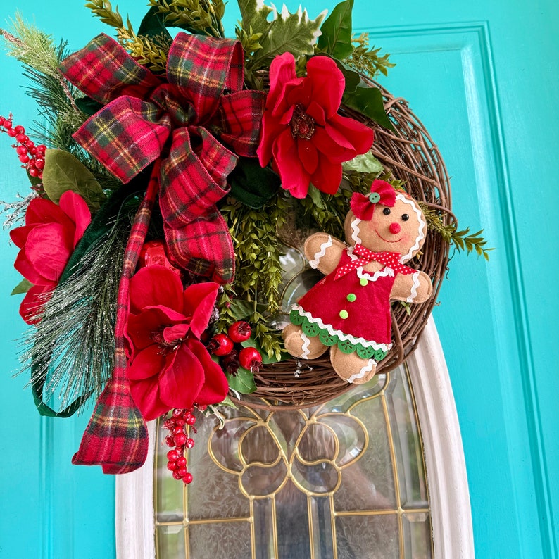 Gingerbread Girl Christmas Wreath, Red Poinsettia Grapevine Wreath - Etsy