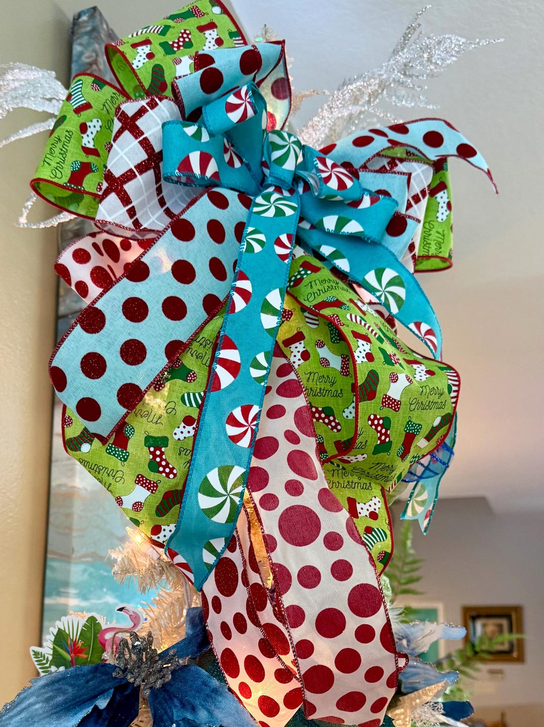 Red and Turquoise Christmas Bow, Country Style Tree Topper, Christmas ...