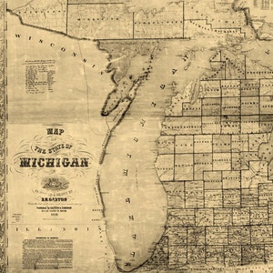 Vintage Michigan Map 1856 Old Map of Michigan Old Antique Style ...