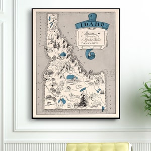 30's Vintage IDAHO State Map Animated Cartoon Map Gallery Wall Art ...