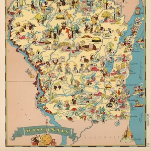 1930's Vintage WISCONSIN State Map Cartoon Print Gallery Wall Art ...