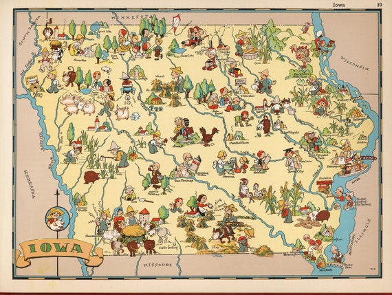 1930's Vintage IOWA State Map Cartoon Map Print Gallery | Etsy Canada