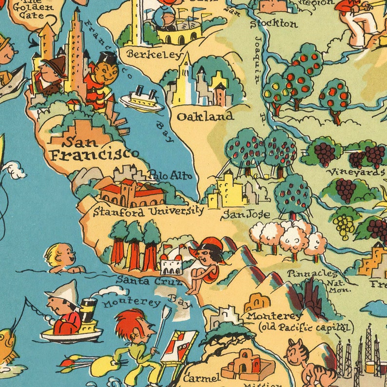 1930's Vintage California State Map Cartoon Map Print - Etsy