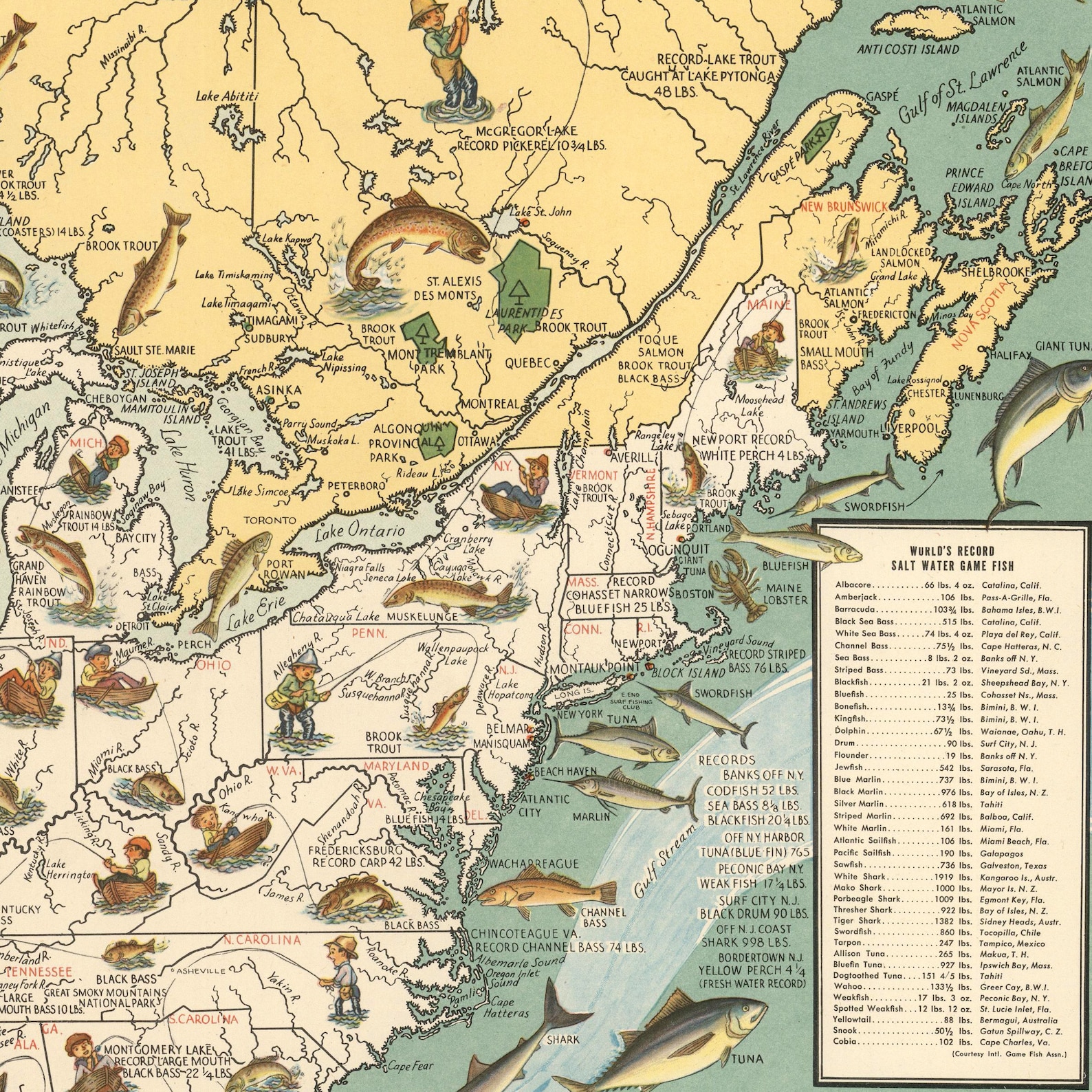 BIG Game FISH Map 1936 Fish Map of the United States, Salt and Fresh ...