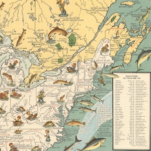 BIG Game FISH Map - 1936 Fish Map of the United States, Salt and Fresh ...