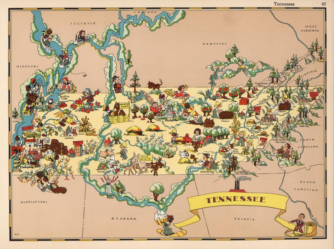 1930's Vintage TENNESSEE State Map Cartoon Print Gallery Wall Art ...