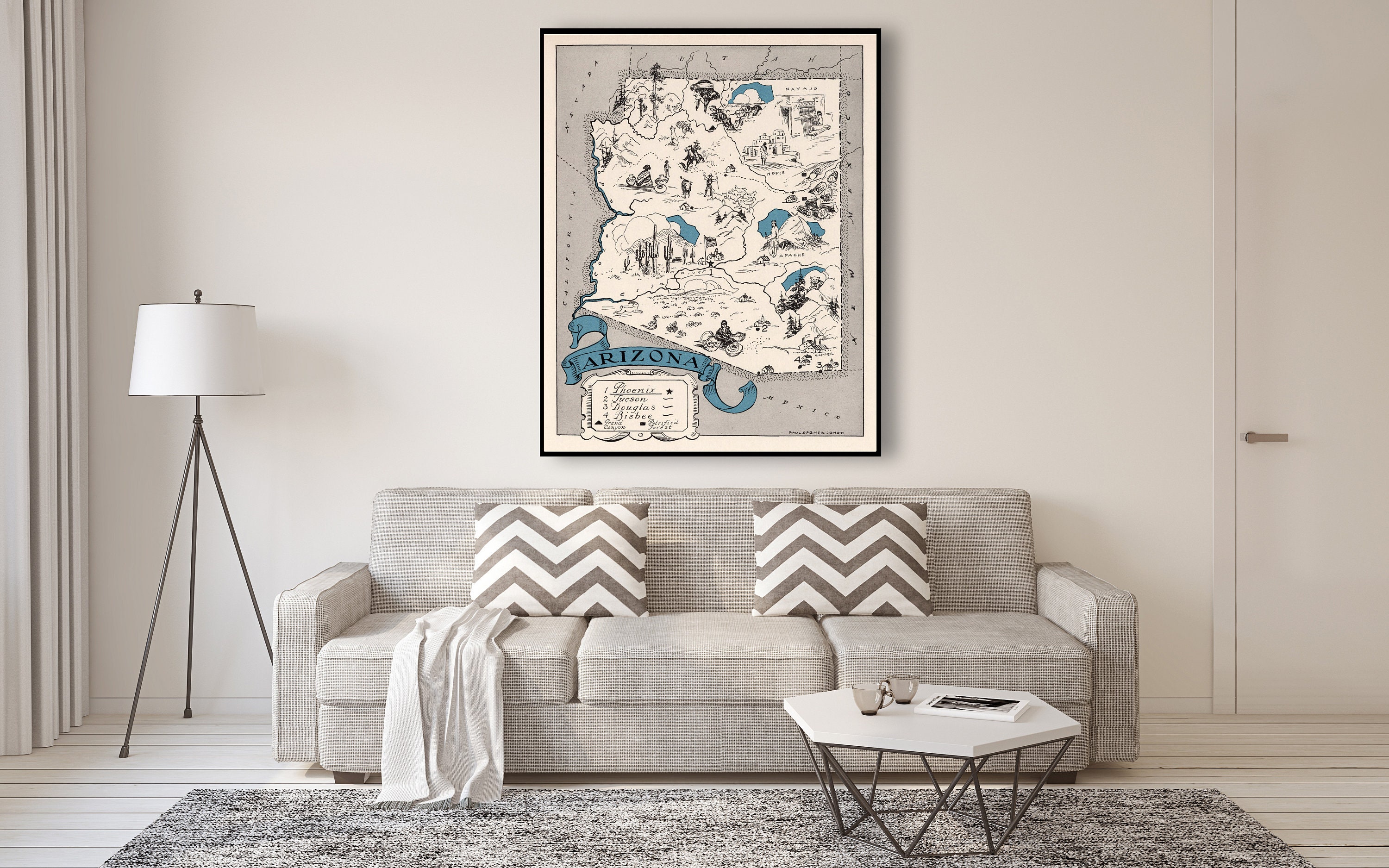 30's Vintage ARIZONA State Map Animated Cartoon Map Gallery Wall ...