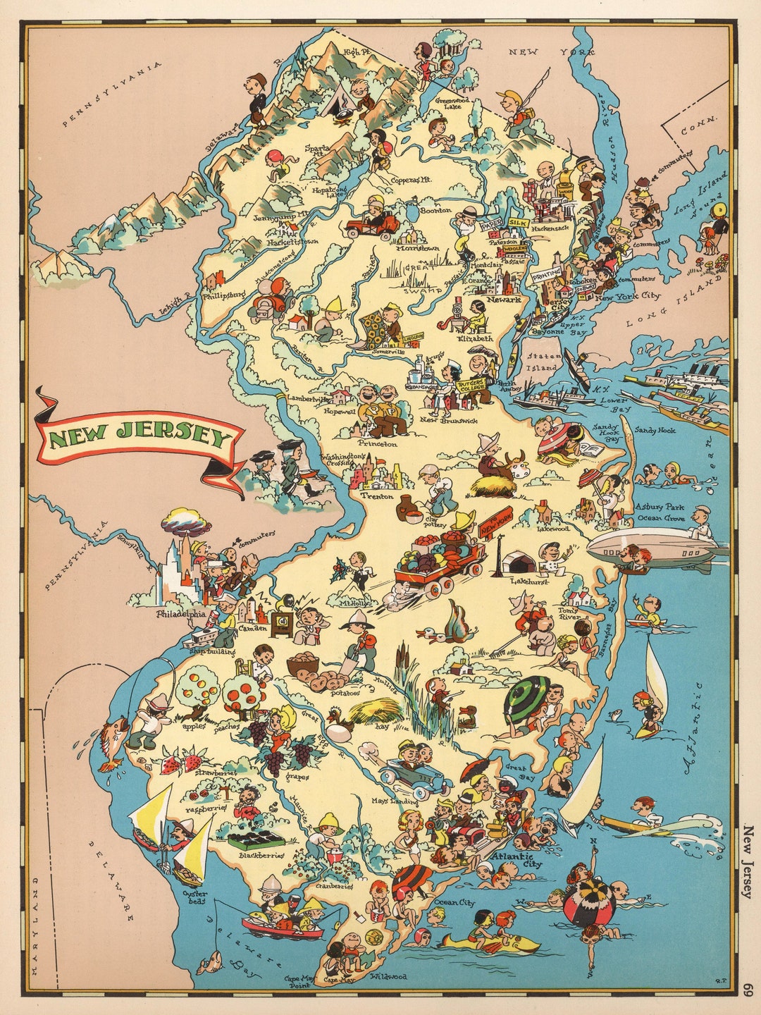 1930's Vintage NEW JERSEY State Map Cartoon Map Print Gallery Wall Art ...
