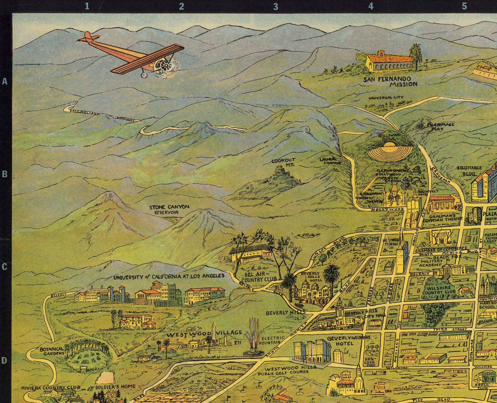 1930's LOS ANGELES Pictorial Map Art, Where to Go in LA, Old Time ...
