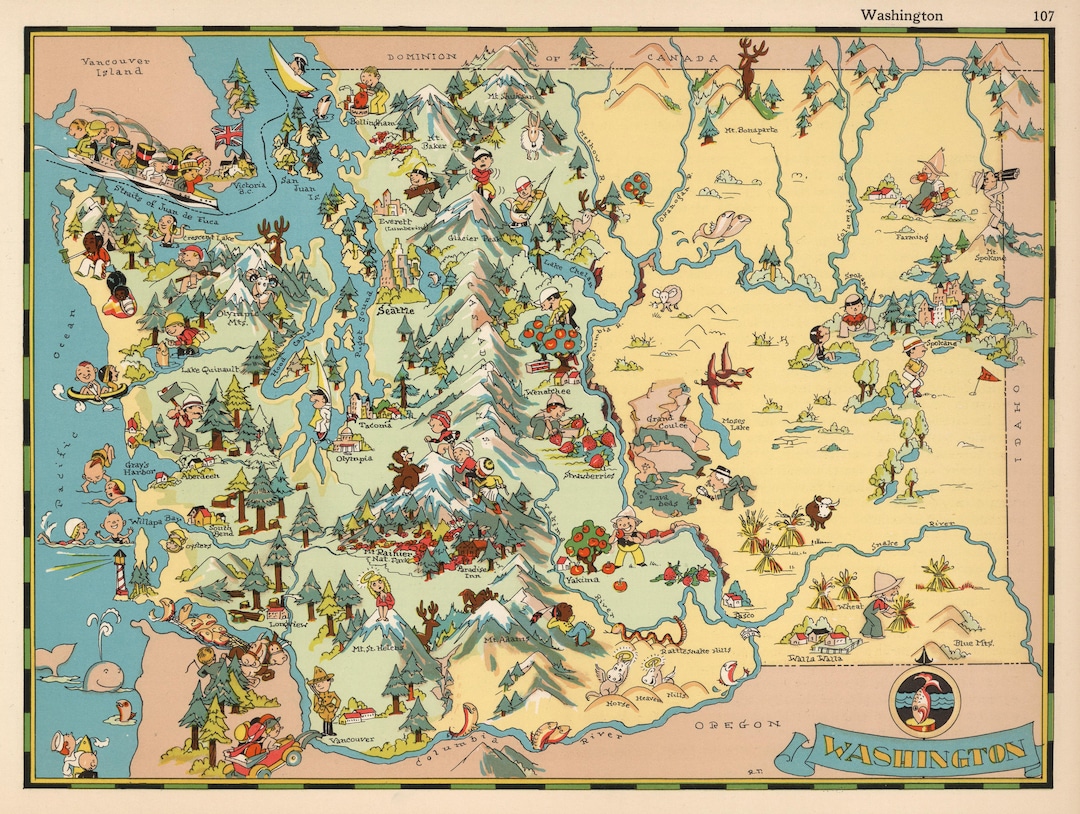 1930's Vintage WASHINGTON State Map Cartoon Print Gallery Wall Art ...