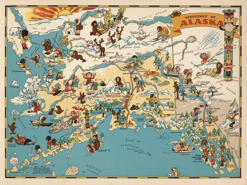 1930's Vintage ALASKA State Map Cartoon Map Print Gallery - Etsy