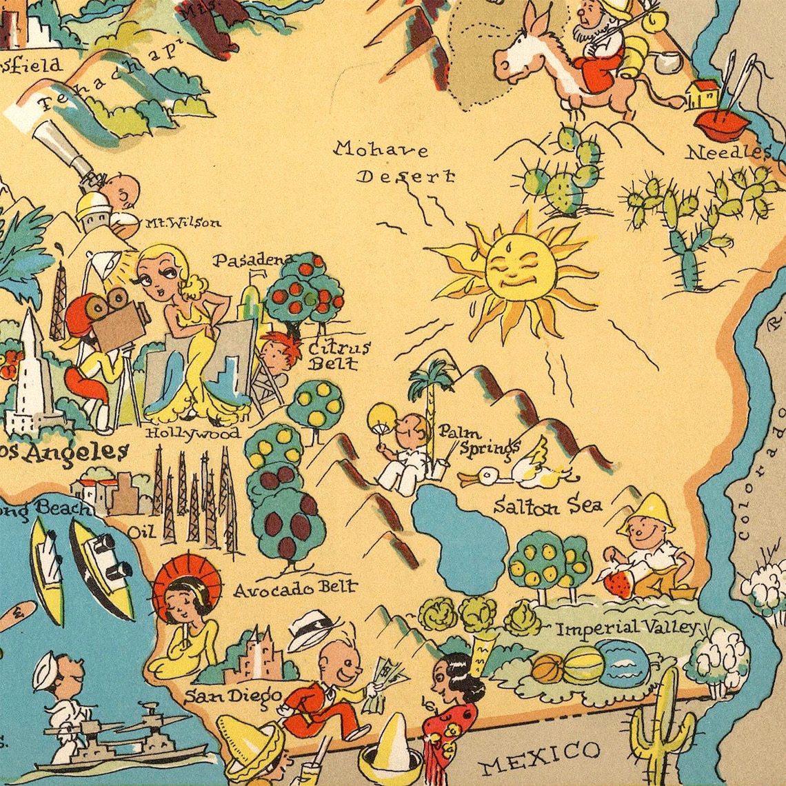 1930's Vintage California State Map Cartoon Map Print Gallery Wall Art ...