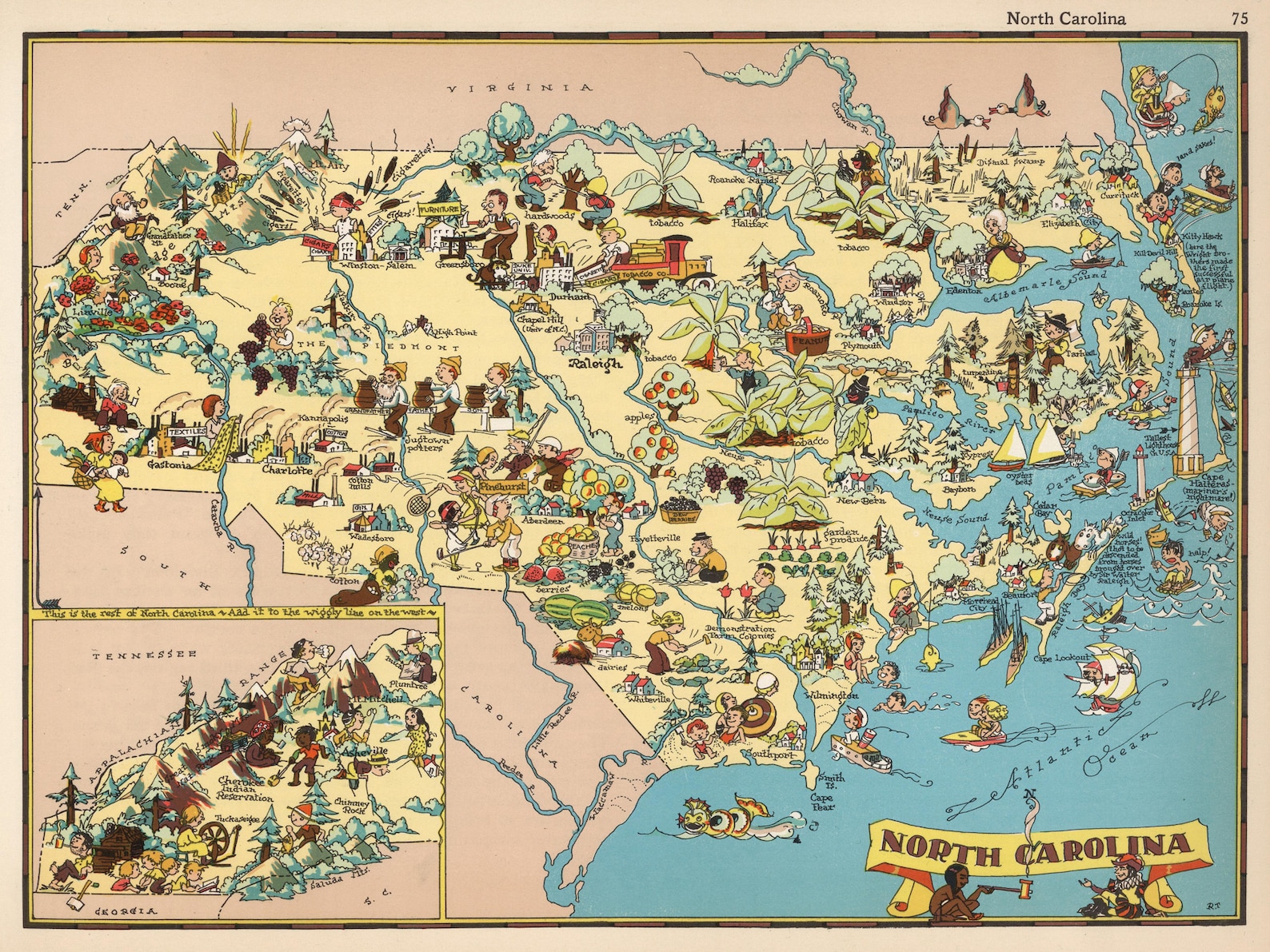 1930's Vintage NORTH CAROLINA State Map Cartoon Print Gallery Wall Art ...