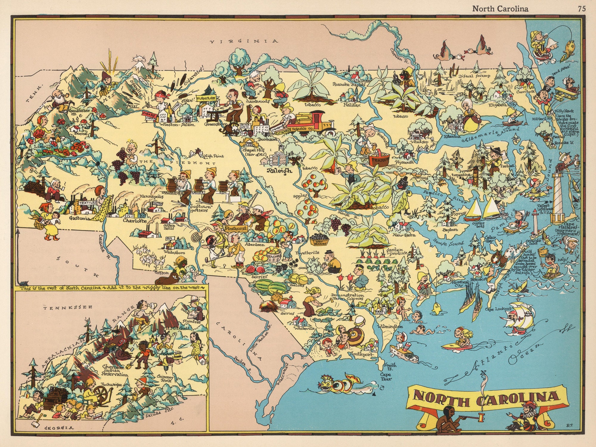 1930's Vintage NORTH CAROLINA State Map Cartoon Print - Etsy