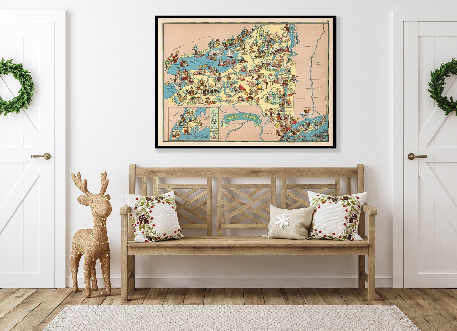 1930's Vintage NEW YORK State Map Cartoon Map Print Gallery Wall Art ...