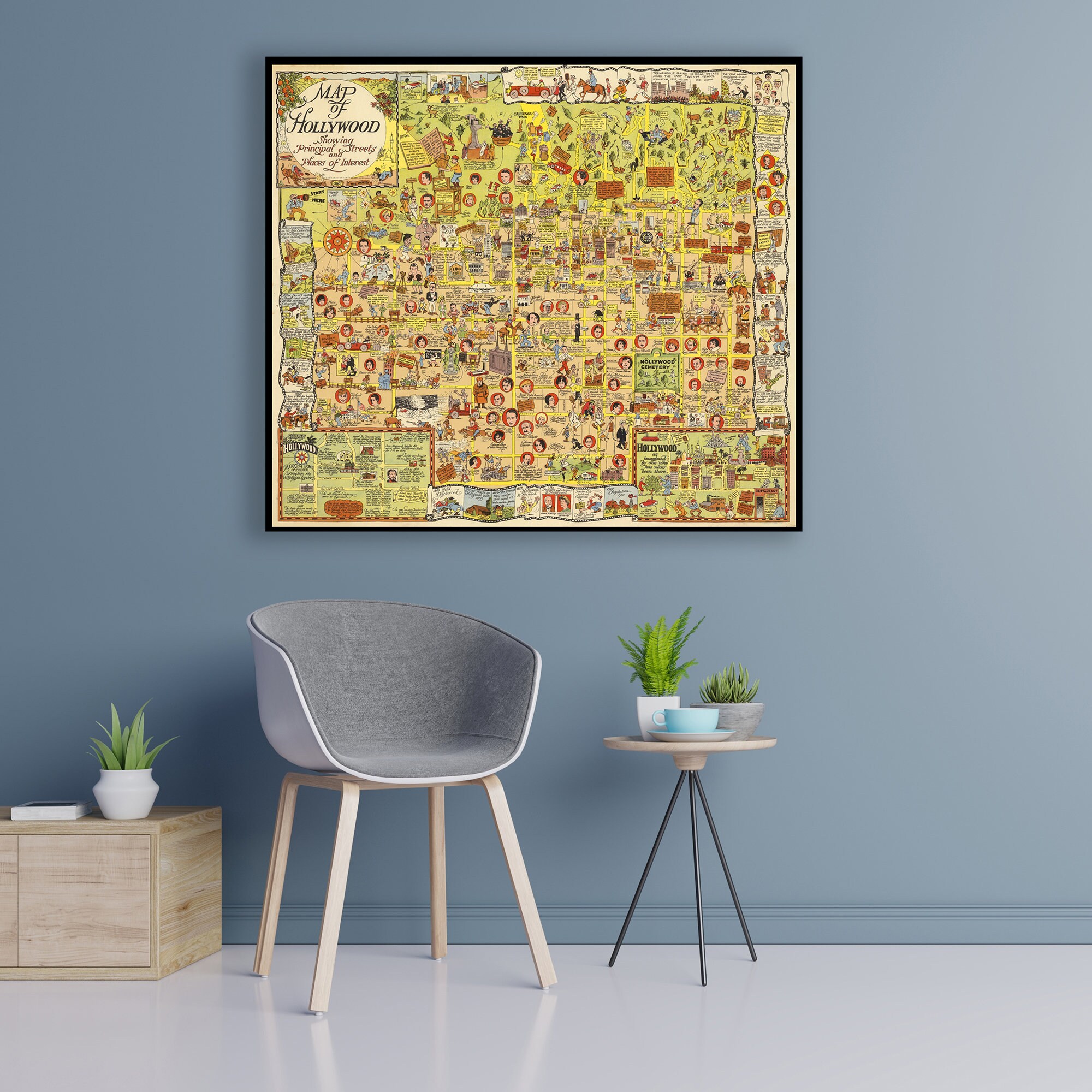 1928 Vintage Hollywood Map History and Movies Cartoon Map California ...