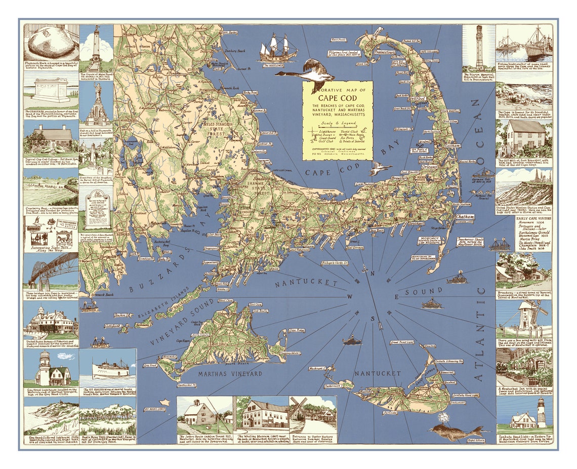 CAPE COD Region Cartograph Poster Vintage Massachusetts - Etsy