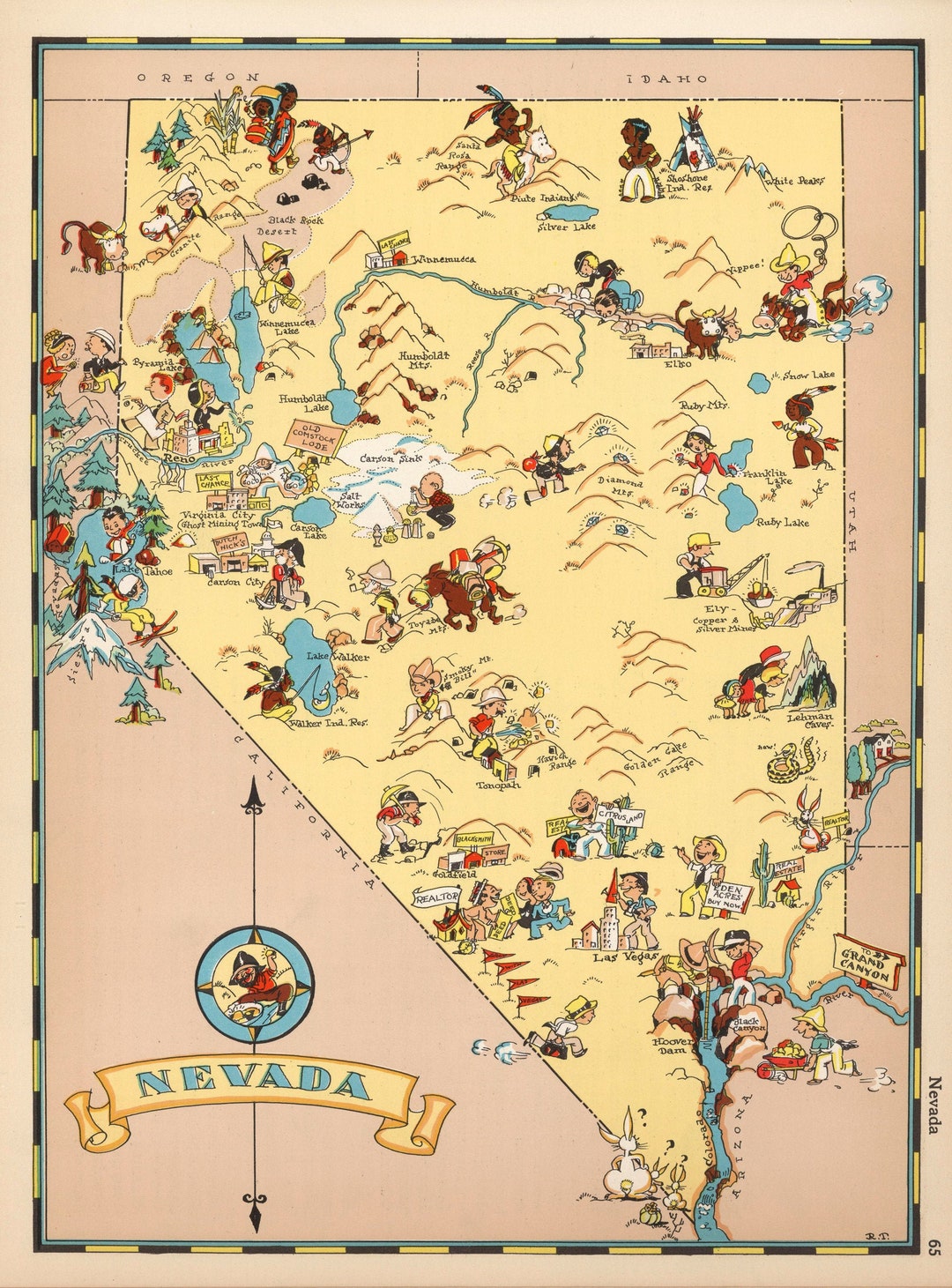 1930's Vintage NEVADA State Map Cartoon Map Print Gallery Wall Art ...