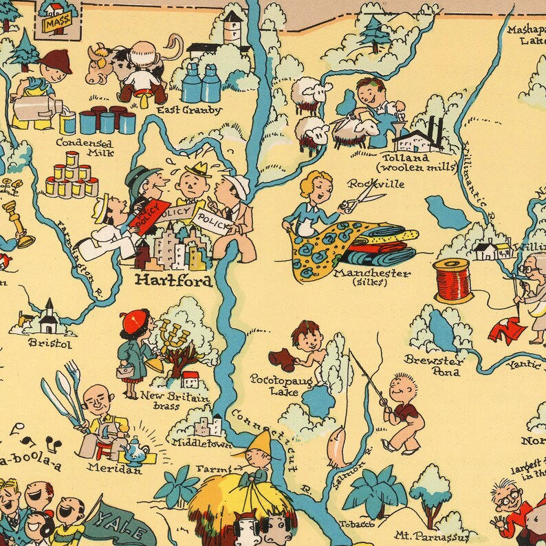 1930's Vintage CONNECTICUT Map Cartoon Map Print Gallery - Etsy