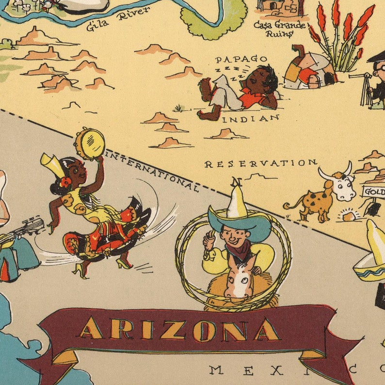 1930's Vintage ARIZONA State Map Cartoon Map Print Gallery | Etsy