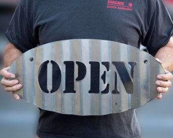 Rectangle Open or Closed Sign Vintage Plasma Cut Corrugated Steel Open ...