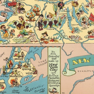 1930's Vintage NEW YORK State Map Cartoon Map Print Gallery Wall Art ...