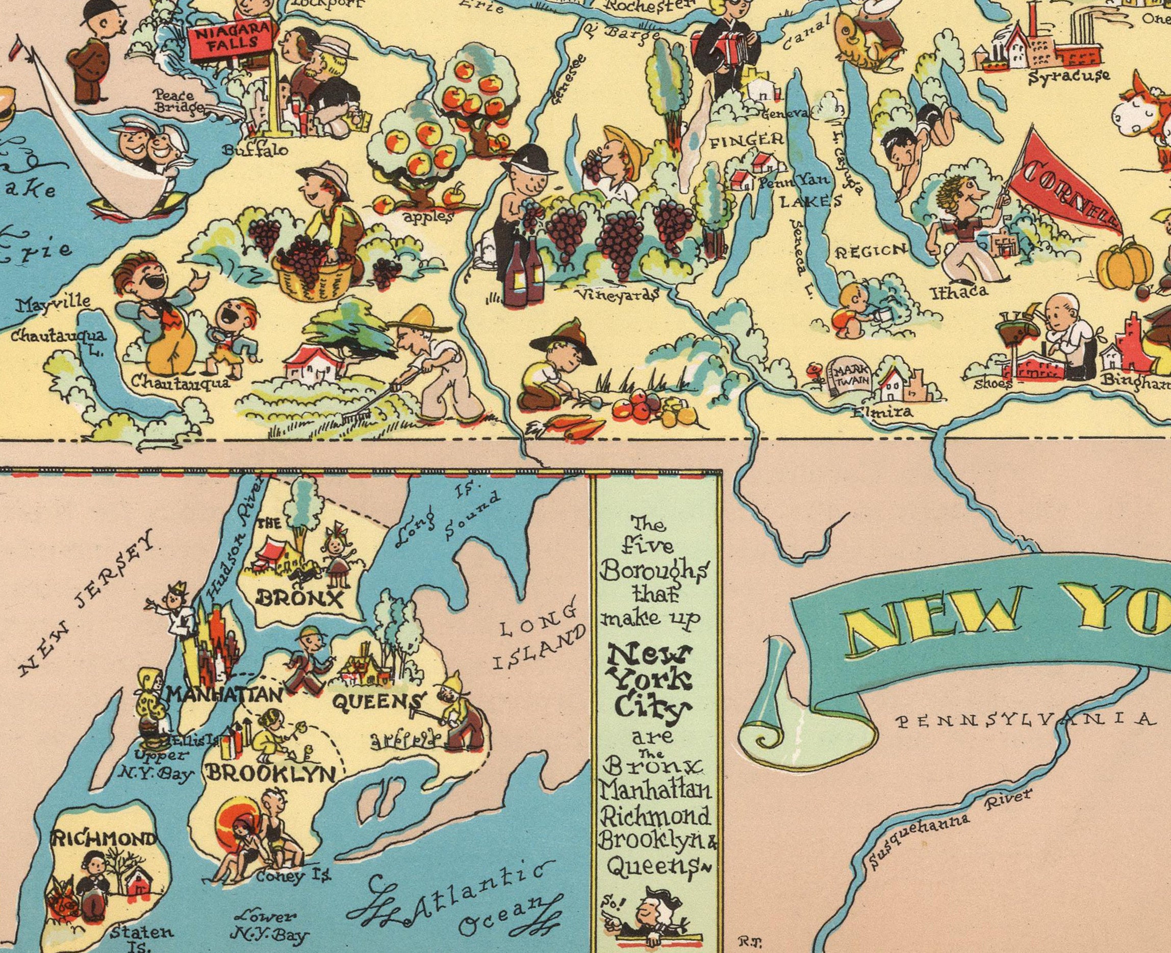 1930's Vintage NEW YORK State Map Cartoon Map Print | Etsy