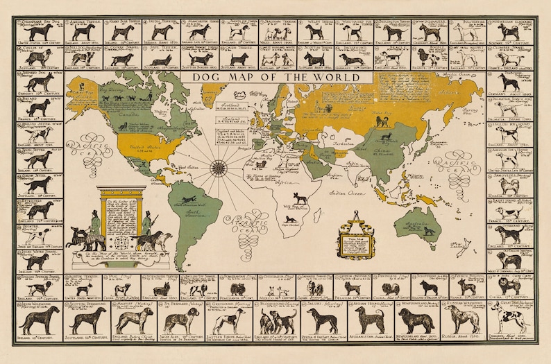 1935 Dog Map of the World, Dog Breeds Print, Dog Breeds Origin Map, Dog ...