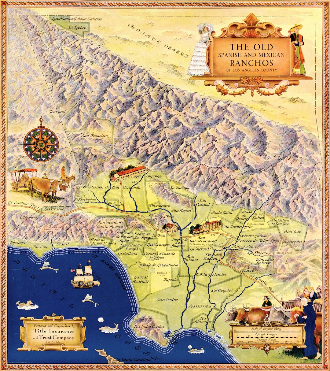 1949 Old Spanish and Mexican Ranchos of Los Angeles Poster, California ...