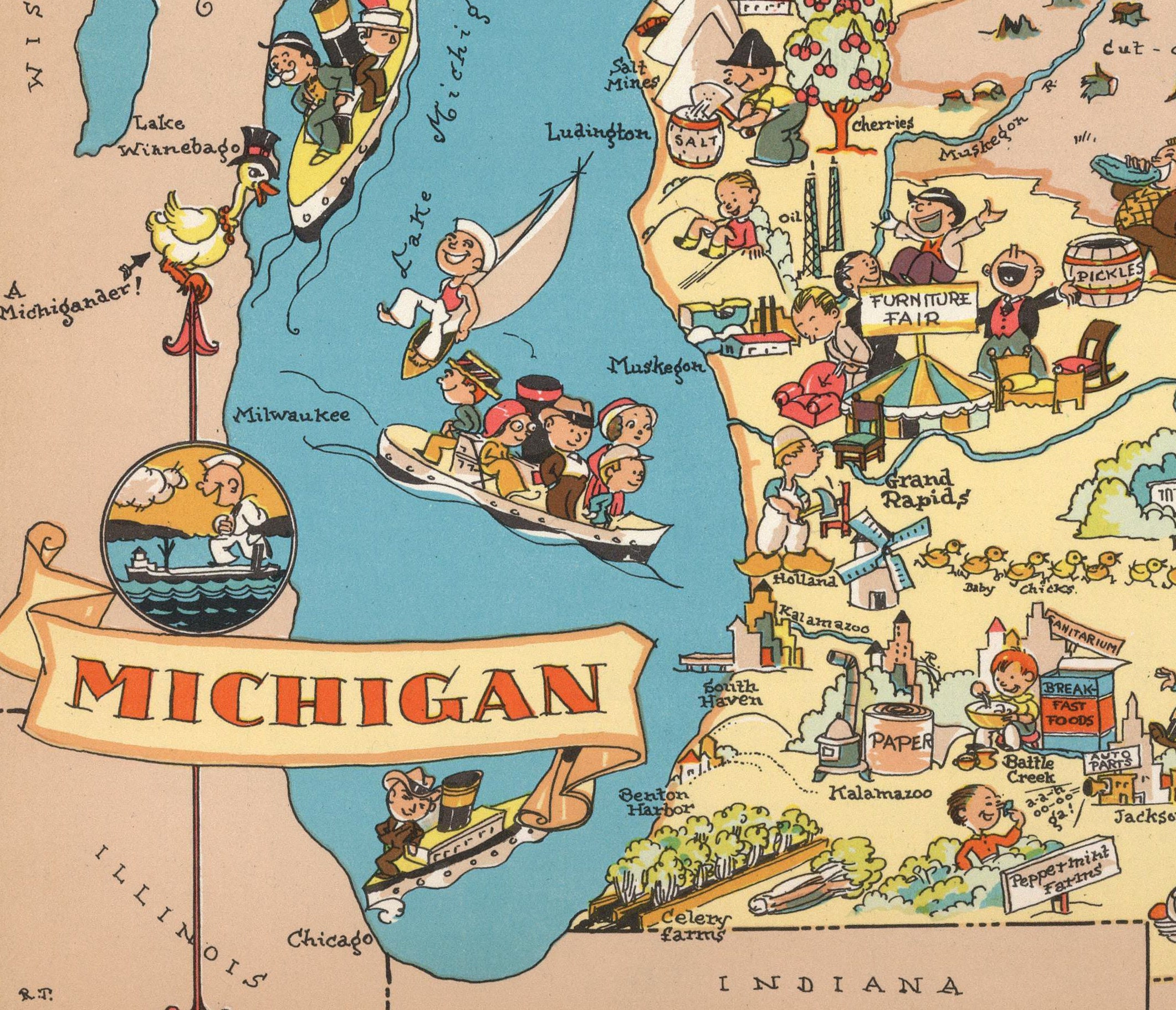 1930's Vintage MICHIGAN State Map Cartoon Map Print | Etsy