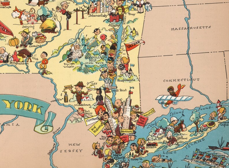 1930's Vintage NEW YORK State Map Cartoon Map Print Gallery Wall Art ...