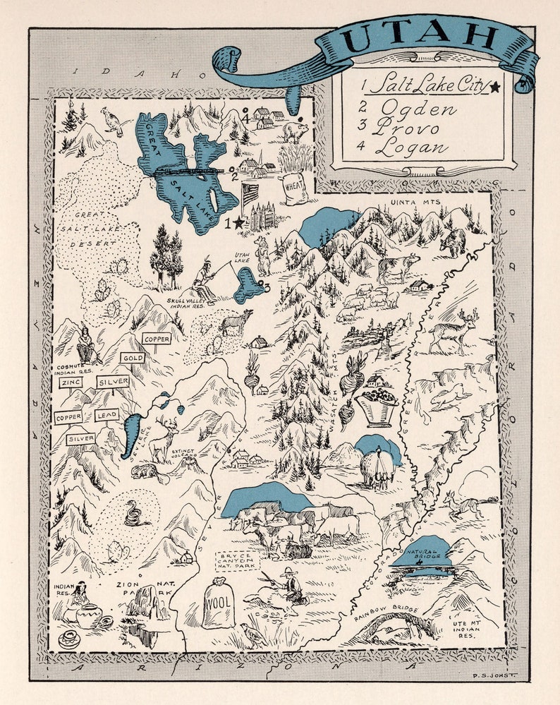 1930's Vintage UTAH State Map Animated Cartoon Map Gallery Wall Art ...
