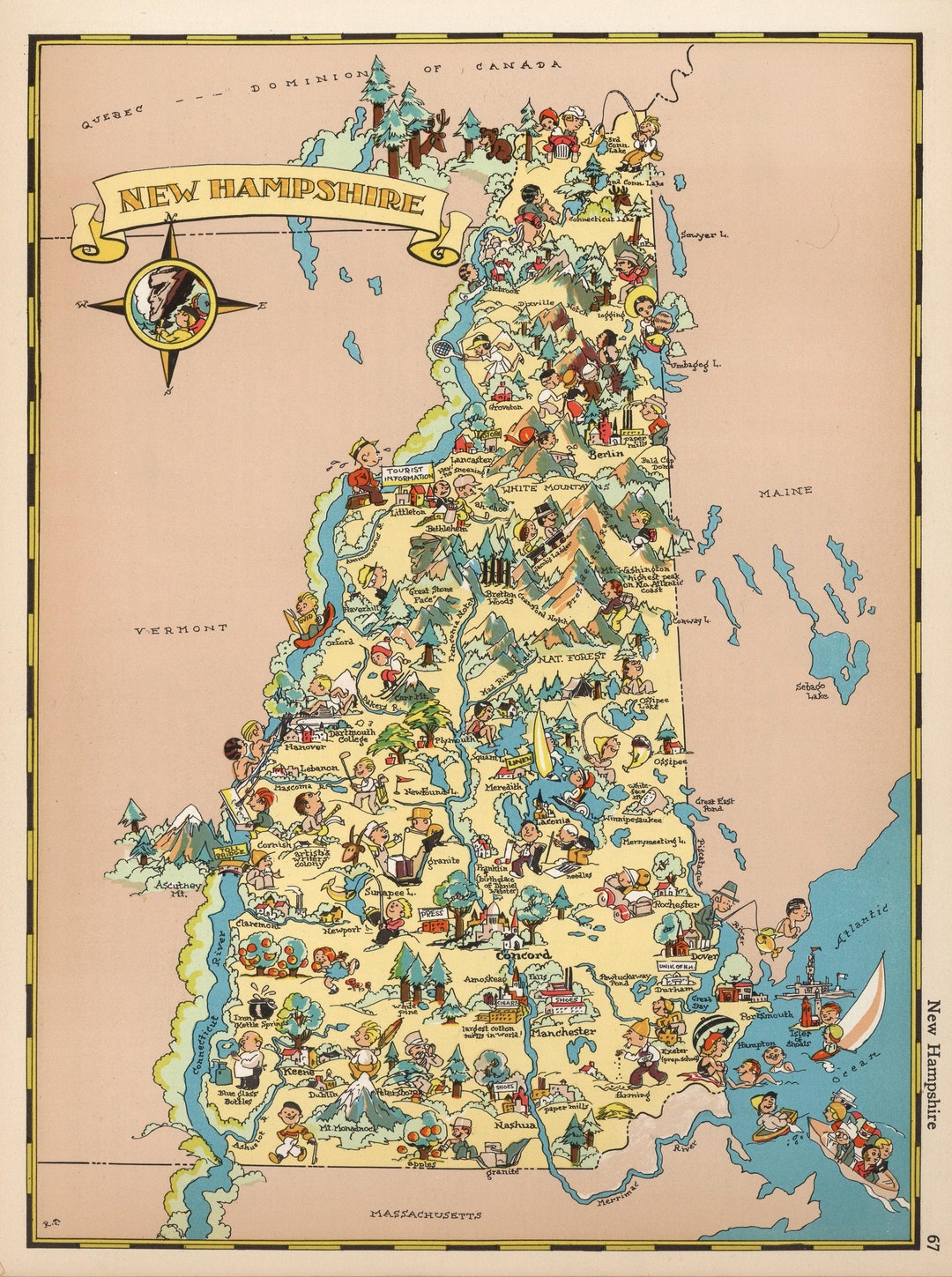 1930's Vintage NEW HAMPSHIRE State Map Cartoon Map Print Gallery Wall ...