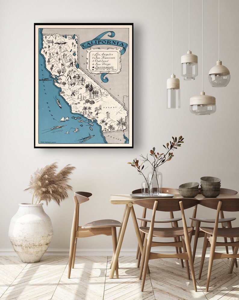 1930's Vintage CALIFORNIA State Map Animated Cartoon Map Gallery Wall ...