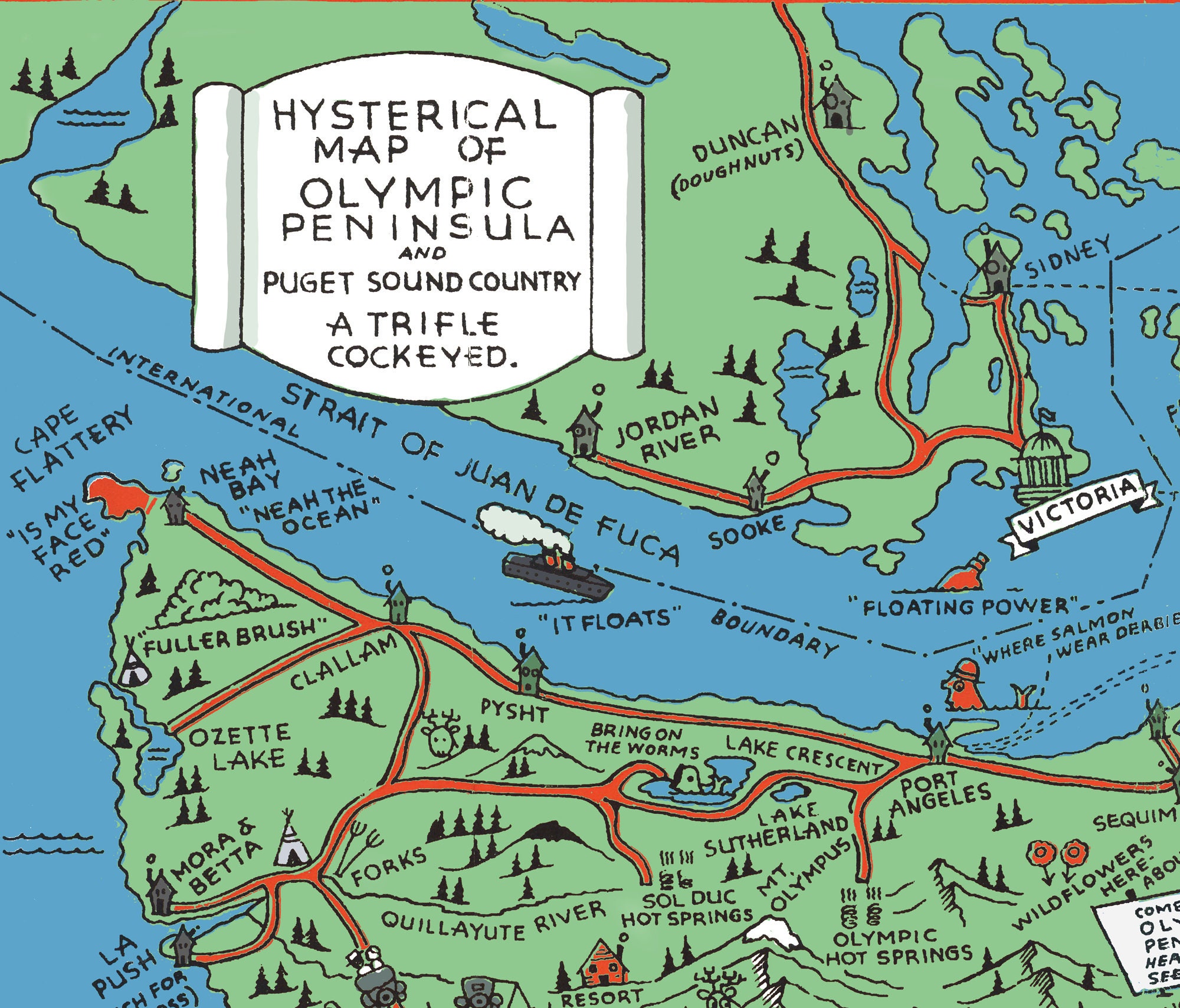 Hysterical Map of OLYMPIC PENINSULA and Puget Sound by Jolly Lindgren ...