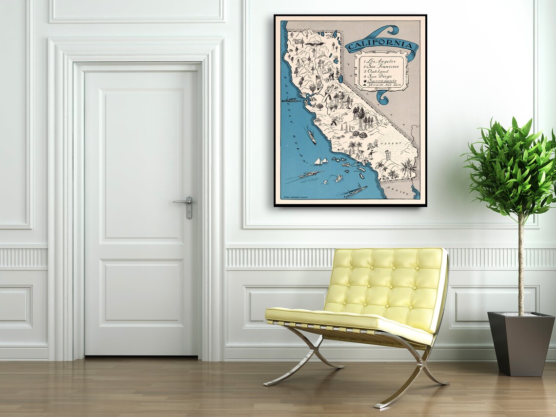 1930's Vintage CALIFORNIA State Map Animated Cartoon Map Gallery Wall ...